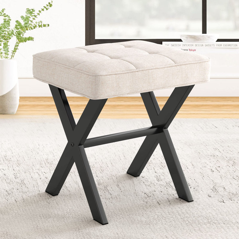 Latitude Run Ottoman Foot Stool Vanity Stool Square Linen X Leg Foot Rest Ottoman Makeup Stool Small Stool Chair For Vanity Modern Padded Vanity Seat For Makeup Room Living Room Bathroom Linen Color